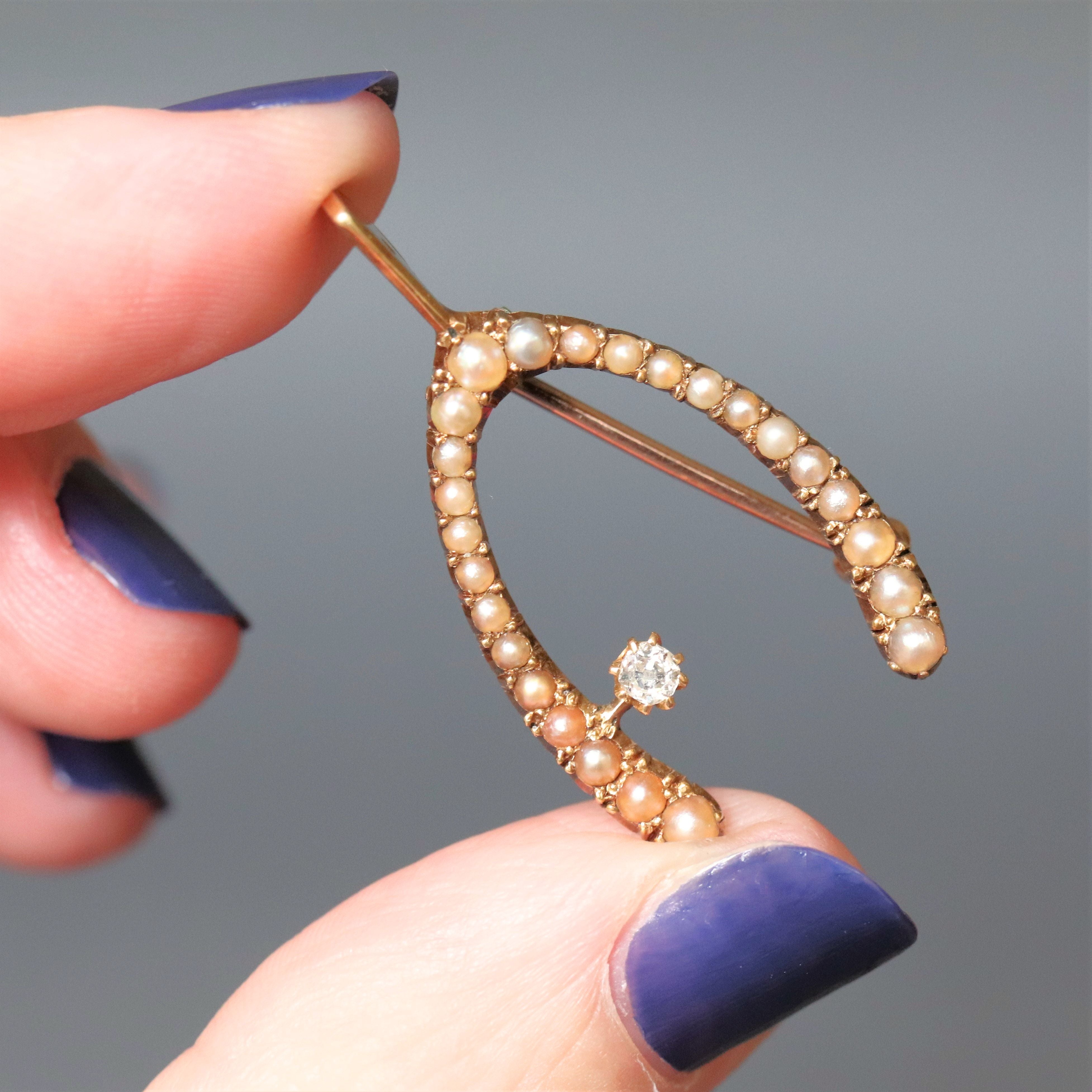 Antique Victorian era diamond & pearl wishbone brooch in 15ct gold ...